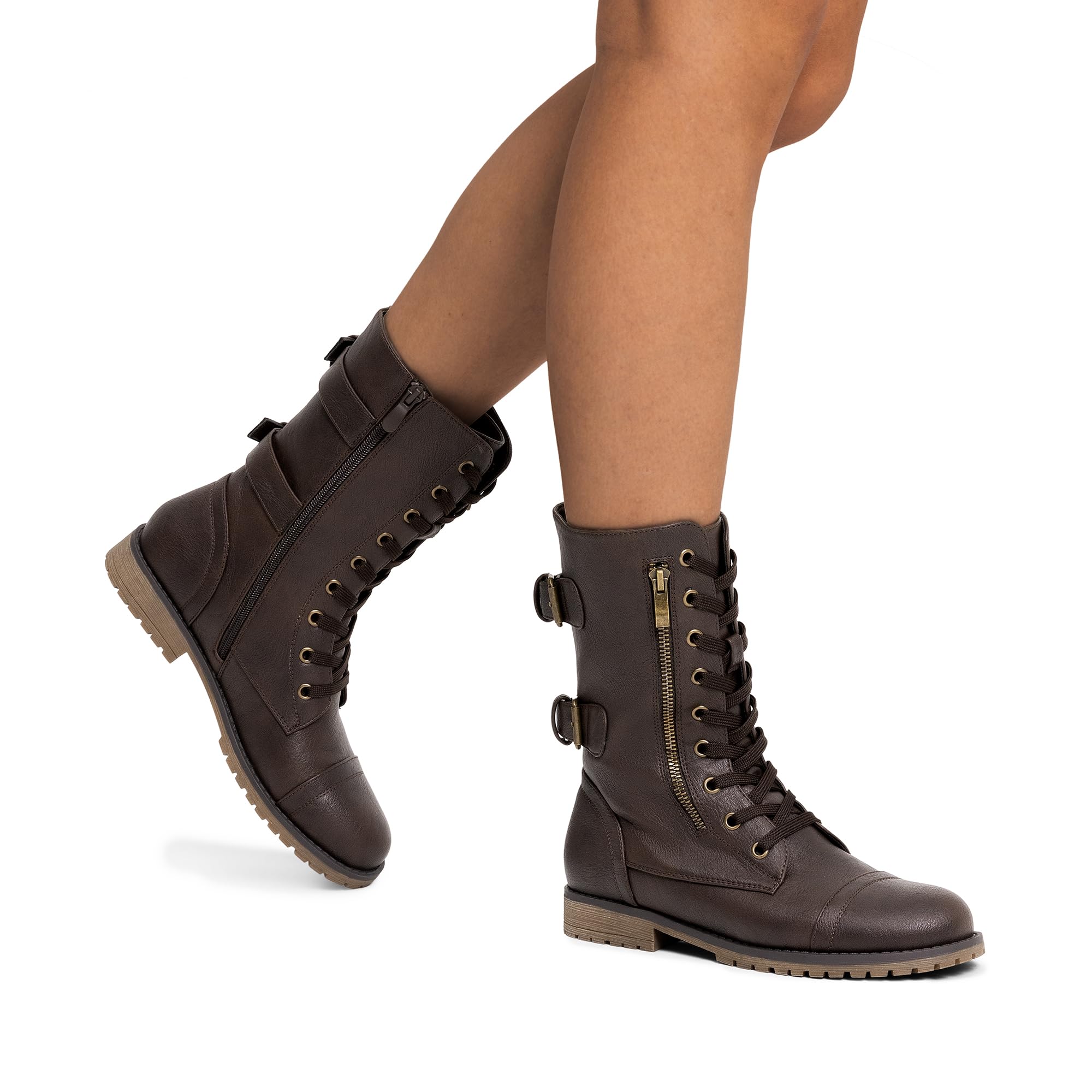 DREAM PAIRS Women's Combat Boots, Mid Calf Built-in Wallet Pocket Lace up Military Ankle Booties,Size 9.5,Brown,TERRAN