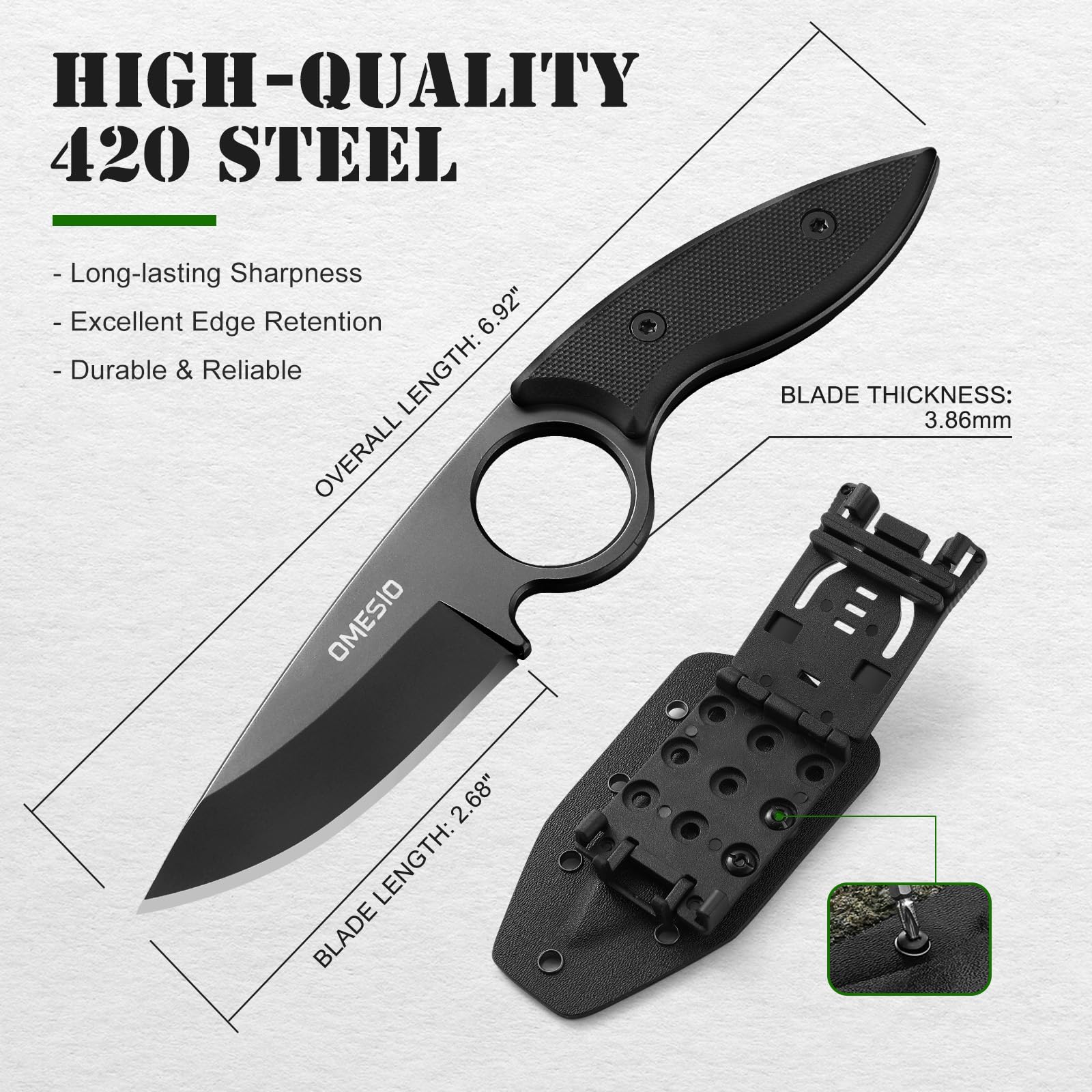 Omesio Small Fixed Blade Knife, Tactical Hunting Camping Knife with Kydex Sheath, Full Tang Stainless Steel Compact EDC Neck Knife G10 Handle with Gift Box for Men (Black)
