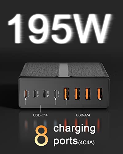 USB C Charger,195W 8-Port USB C Charging Station, 65W Type C Fast Charging Laptop GaN Power Adapter Compatible with MacBook Pro/Air, iPad Pro,iPhone 14 13 12 Pro Max,Galaxy,Steam Deck,ect