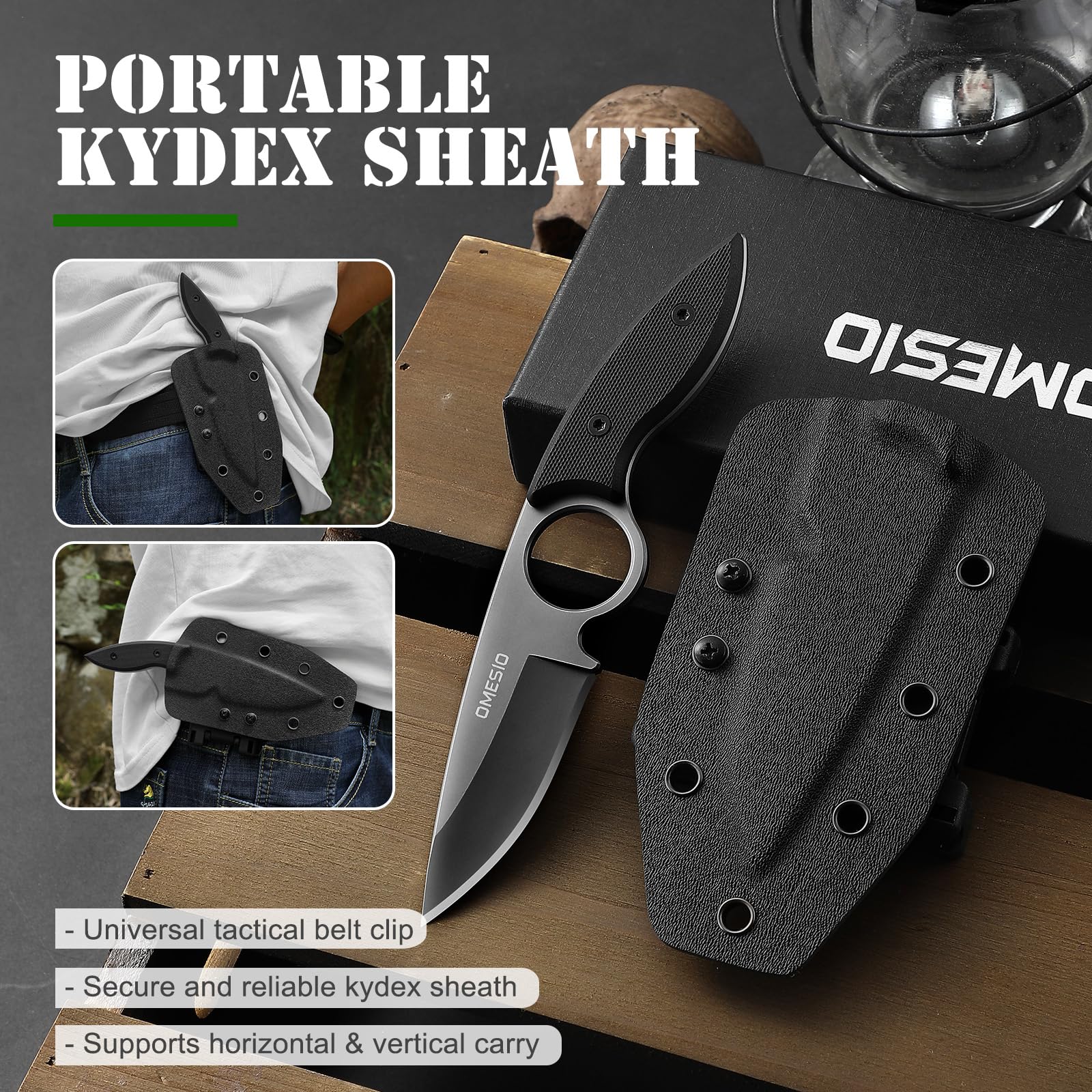 Omesio Small Fixed Blade Knife, Tactical Hunting Camping Knife with Kydex Sheath, Full Tang Stainless Steel Compact EDC Neck Knife G10 Handle with Gift Box for Men (Black)