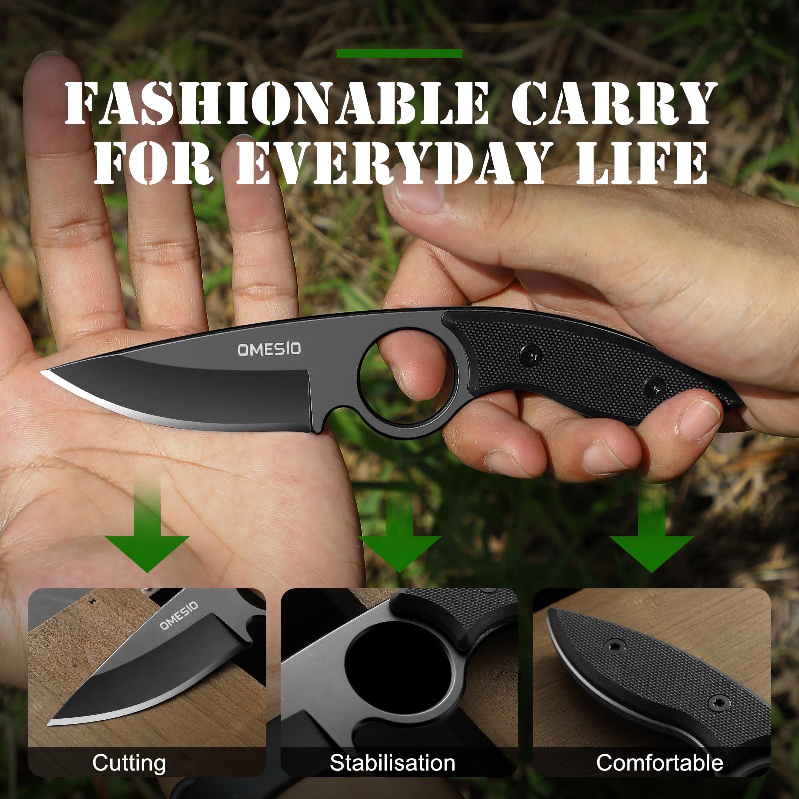 Omesio Small Fixed Blade Knife, Tactical Hunting Camping Knife with Kydex Sheath, Full Tang Stainless Steel Compact EDC Neck Knife G10 Handle with Gift Box for Men (Black)