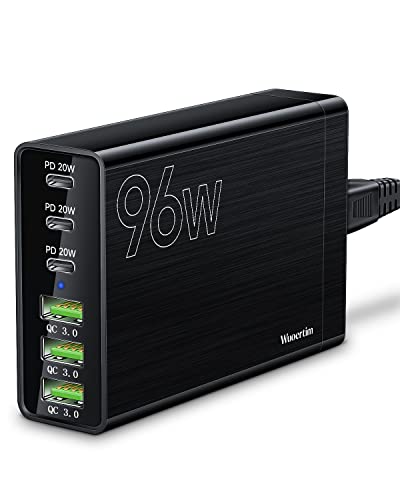 USB C Charger, Wuoertim 96W 6 Port USB C Charging Station, Portable Multiport USB C Wall Charger PD Fast Adapter with 3 USB-C Ports +3 USB-A Ports for iPhone 14 13 Pro Max,iPad Series, Samsung Galaxy