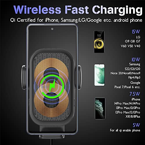 Wireless Car Charger with Cooling Version, Boaoige Auto-Clamping Car Phone Mount, 2 Coils 15W Qi Fast Charging Car Phone Holder for iPhone 14 13 Pro Max, Samsung S22 S21, Flip 4 3, Google Pixel 6 Pro