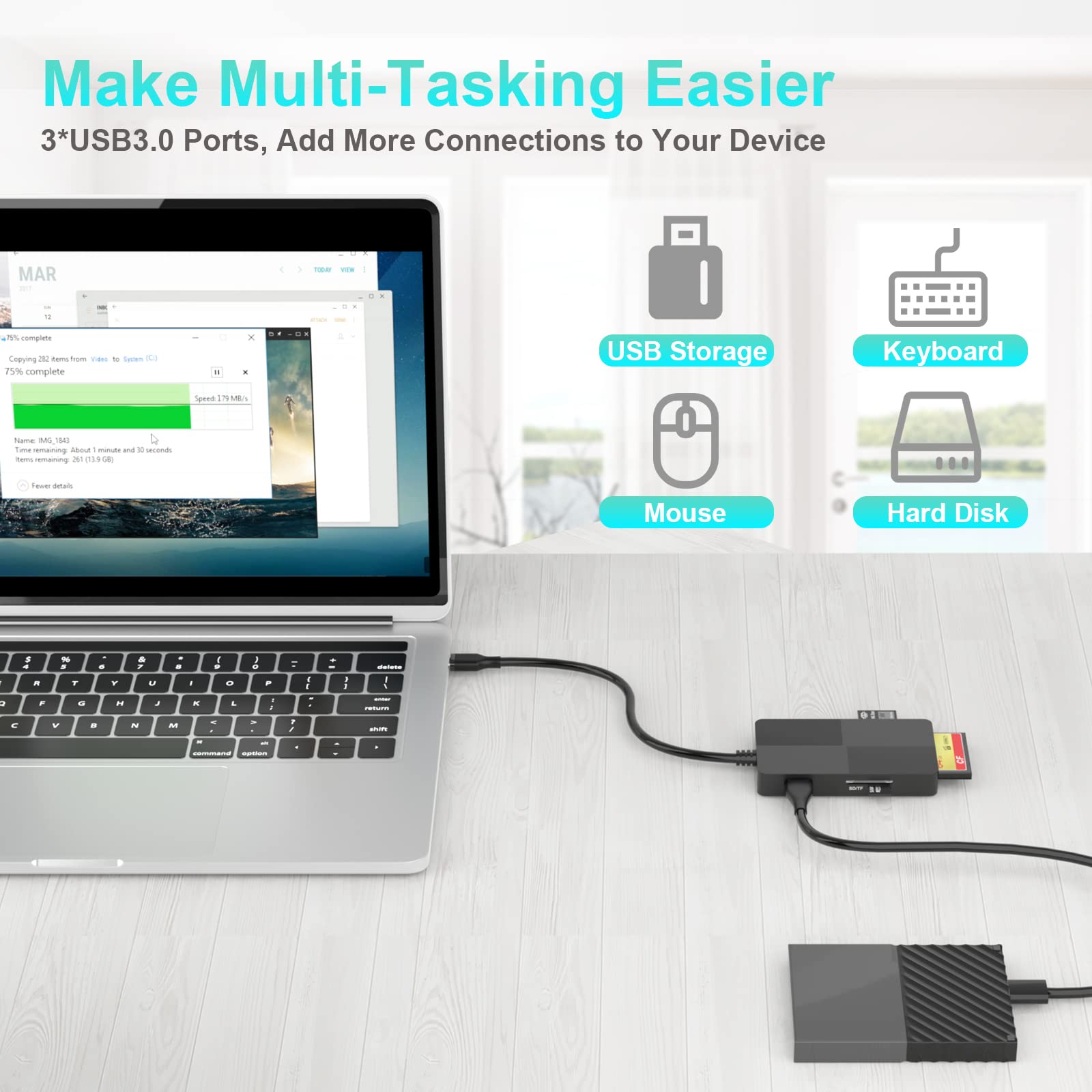 USB C USB3.0 Multi Card Reader Hub, SD/XD/TF/CF/MS Card Slot with 3 USB3.0, 8 in 2 Memory Card Reader/Adapter/Hub for SD SDXC SDHC CF CFI XD MS TF Micro SD Micro SDXC SDHC MS MMC UHS-I USB Stick Mouse
