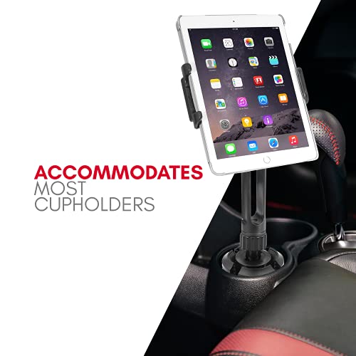 Macally Cup Holder Tablet Mount - Heavy Duty iPad Cup Holder Car Mount Stand or Tablet Holder for Car, Truck, and Vehicle - Fits Devices 3.5" - 8β Wide with Case - Adjustable iPad Holder for Car