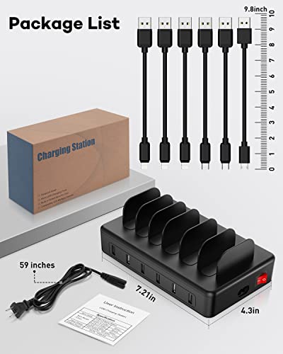 Charging Station for Multiple Devices, ALFUEL 50W 6 Port USB Charging Station Dock with 6 Charging Cables, Charger Station Organizer for iPhone, Android, Tablets, Kindle, Smart Watch - Black