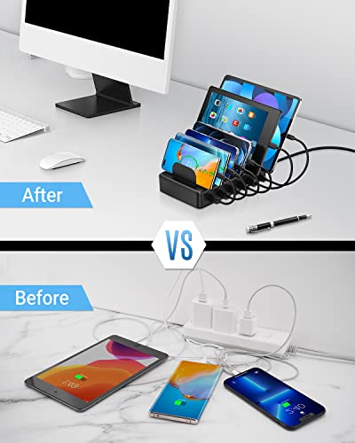 Charging Station for Multiple Devices, ALFUEL 50W 6 Port USB Charging Station Dock with 6 Charging Cables, Charger Station Organizer for iPhone, Android, Tablets, Kindle, Smart Watch - Black