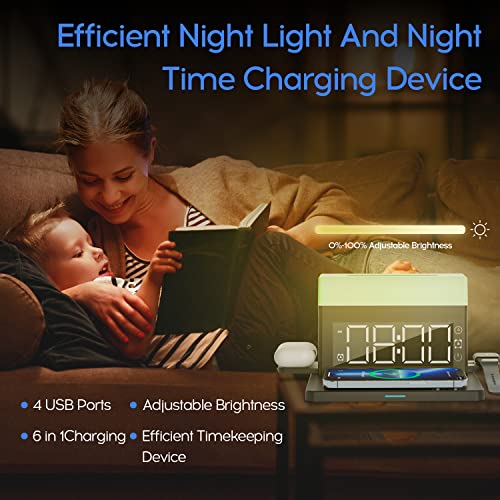 SMSASOEO Wireless Charger,6 in 1 Wireless Charging Station with Digital Alarm Clock & Night Light,15W Fast Charger Compatible with iPhone 14/13/12/11/XS Samsung Galaxy AirPods & Apple Watch