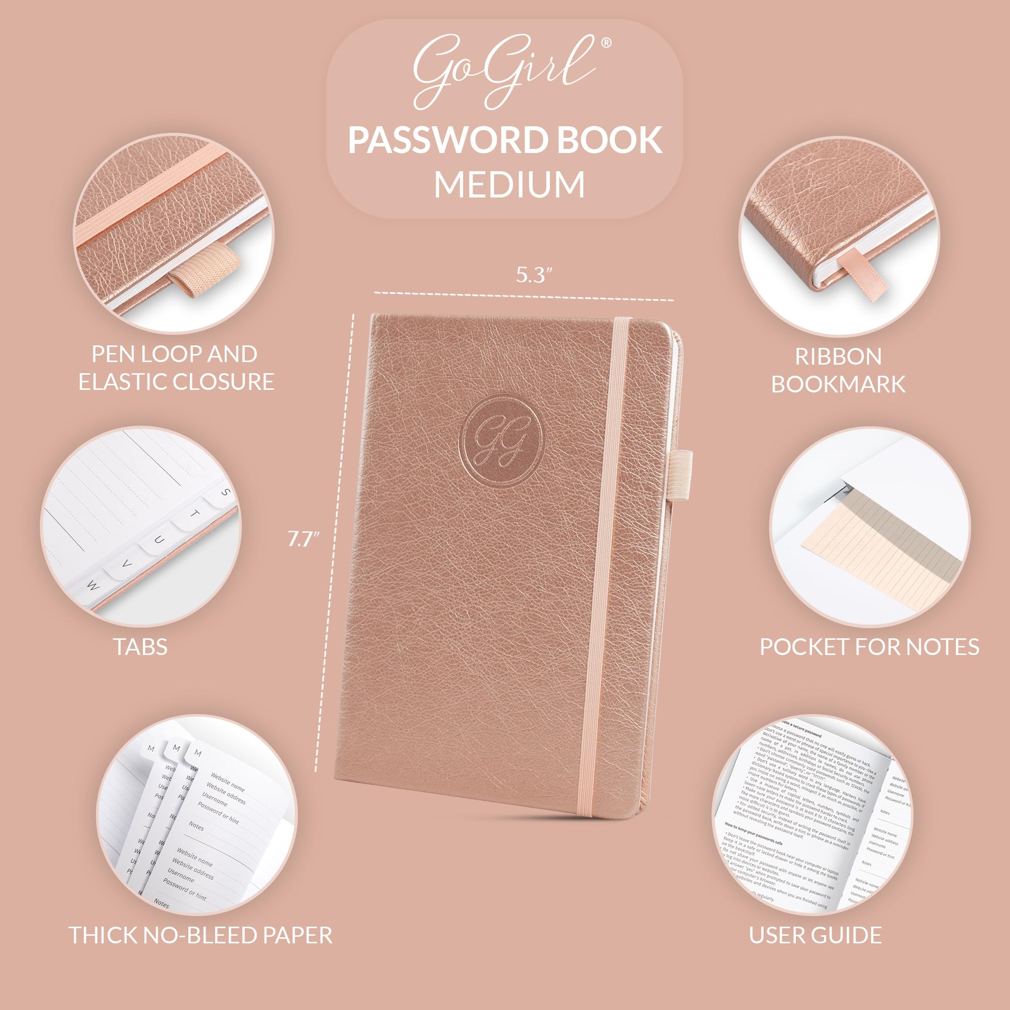 GoGirl Password Book with Alphabetical tabs – Internet Address & Password Keeper Logbook for Password Organization, Journal Notebook for Saving Website Logins. Medium Size 5.3″ x 7.7″, Rose Gold