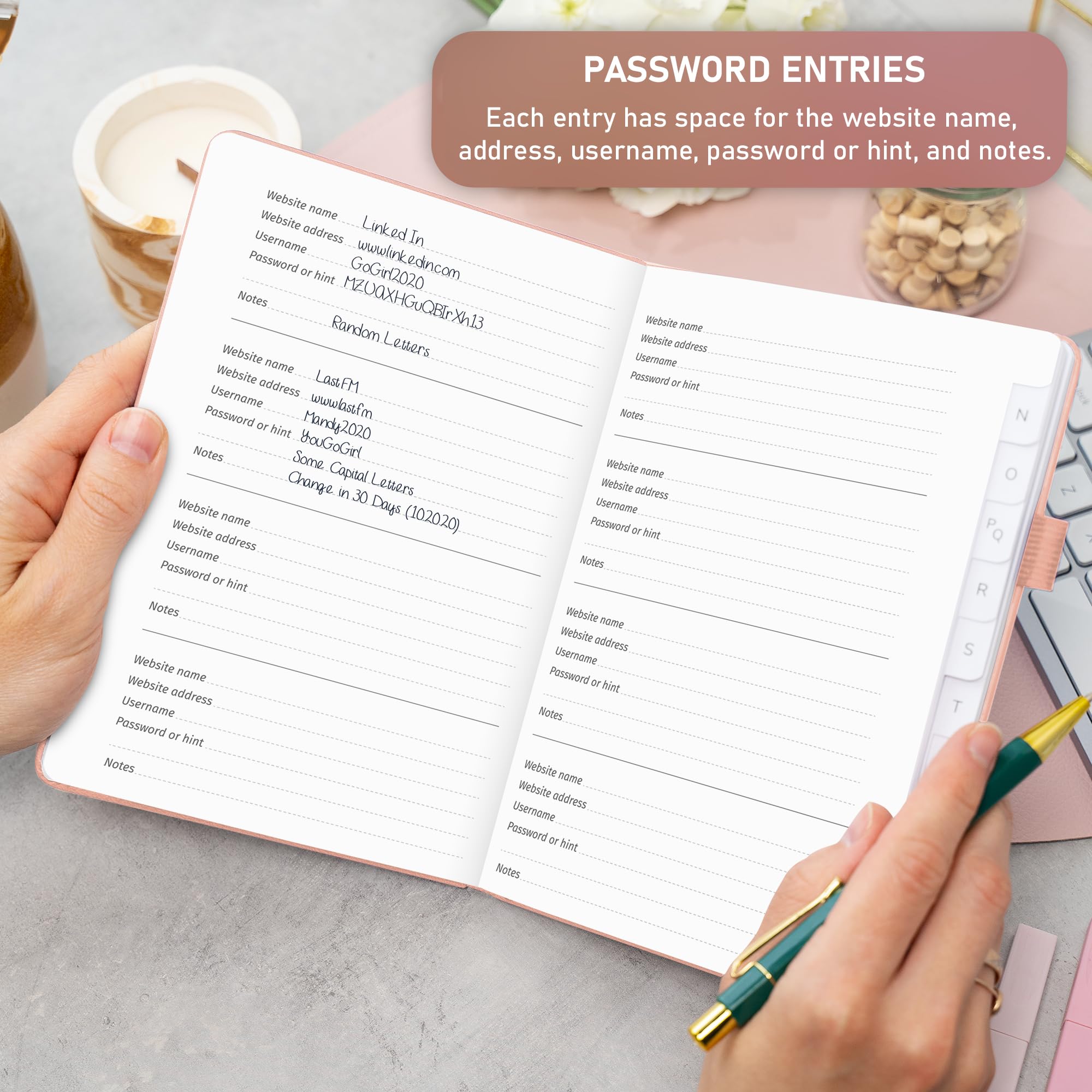 GoGirl Password Book with Alphabetical tabs – Internet Address & Password Keeper Logbook for Password Organization, Journal Notebook for Saving Website Logins. Medium Size 5.3″ x 7.7″, Rose Gold