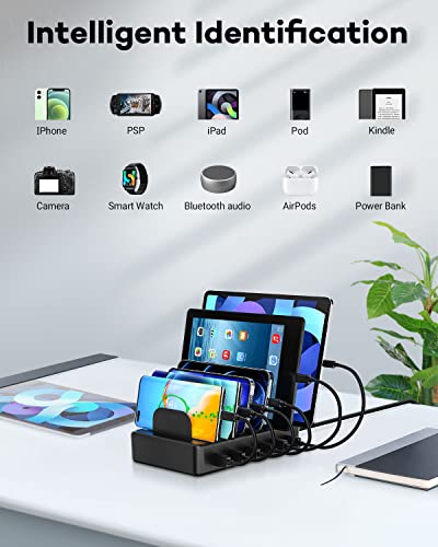 Charging Station for Multiple Devices, ALFUEL 50W 6 Port USB Charging Station Dock with 6 Charging Cables, Charger Station Organizer for iPhone, Android, Tablets, Kindle, Smart Watch - Black