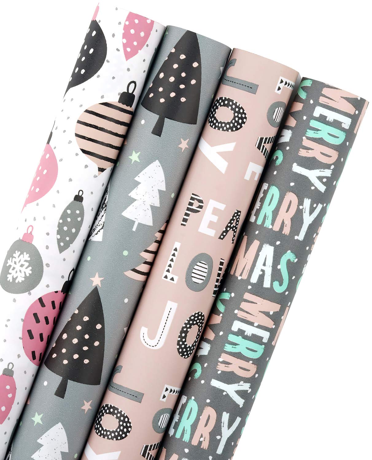 WRAPAHOLIC Christmas Kraft Wrapping Paper Roll - Pink and Grey Christmas Set for Holiday, Party Deco - 4 Rolls - 30 Inch X 120 Inch Per Roll