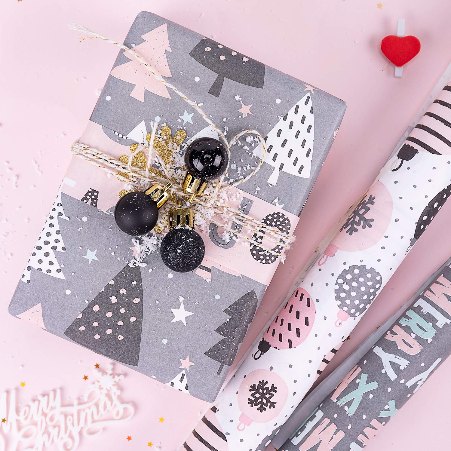 WRAPAHOLIC Christmas Kraft Wrapping Paper Roll - Pink and Grey Christmas Set for Holiday, Party Deco - 4 Rolls - 30 Inch X 120 Inch Per Roll