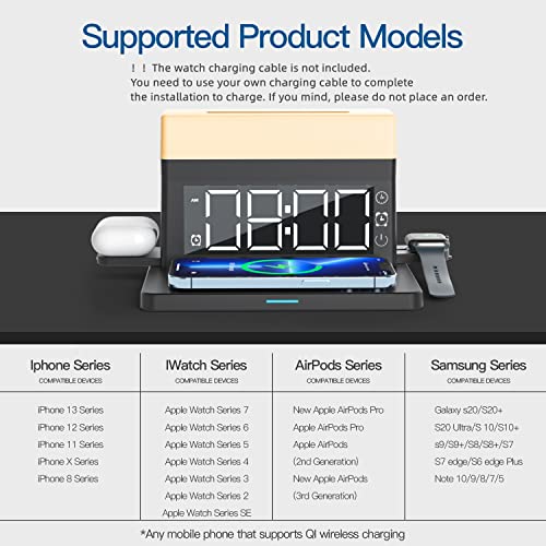 SMSASOEO Wireless Charger,6 in 1 Wireless Charging Station with Digital Alarm Clock & Night Light,15W Fast Charger Compatible with iPhone 14/13/12/11/XS Samsung Galaxy AirPods & Apple Watch