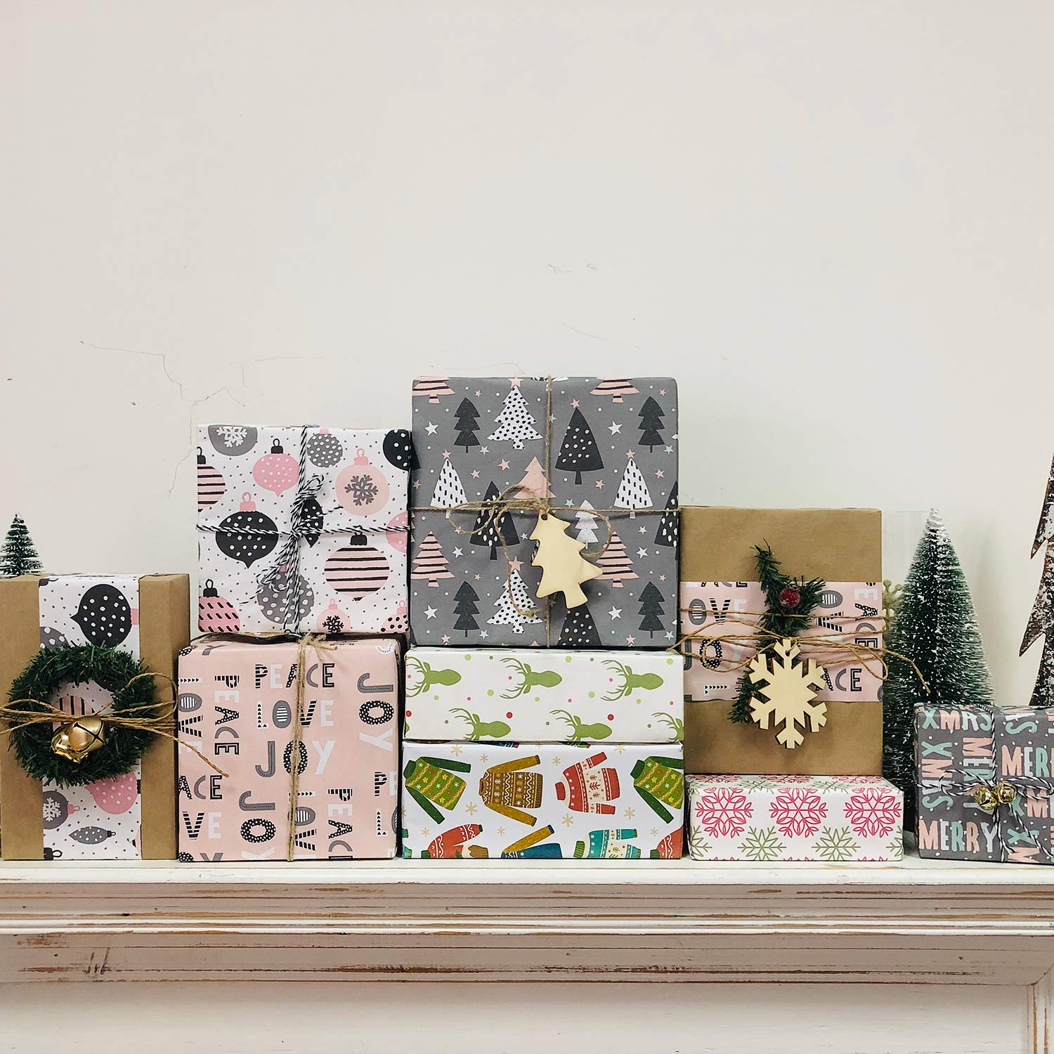 WRAPAHOLIC Christmas Kraft Wrapping Paper Roll - Pink and Grey Christmas Set for Holiday, Party Deco - 4 Rolls - 30 Inch X 120 Inch Per Roll