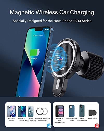 Compatible for MagSafe Car Charger, LDNIO Strong Magnet Magnetic Wireless Car Charger, Hands Free Car Phone Holder [with PD3.0 Adapter] Fit for iPhone 14 13 12 Series and Mag-Safe Case