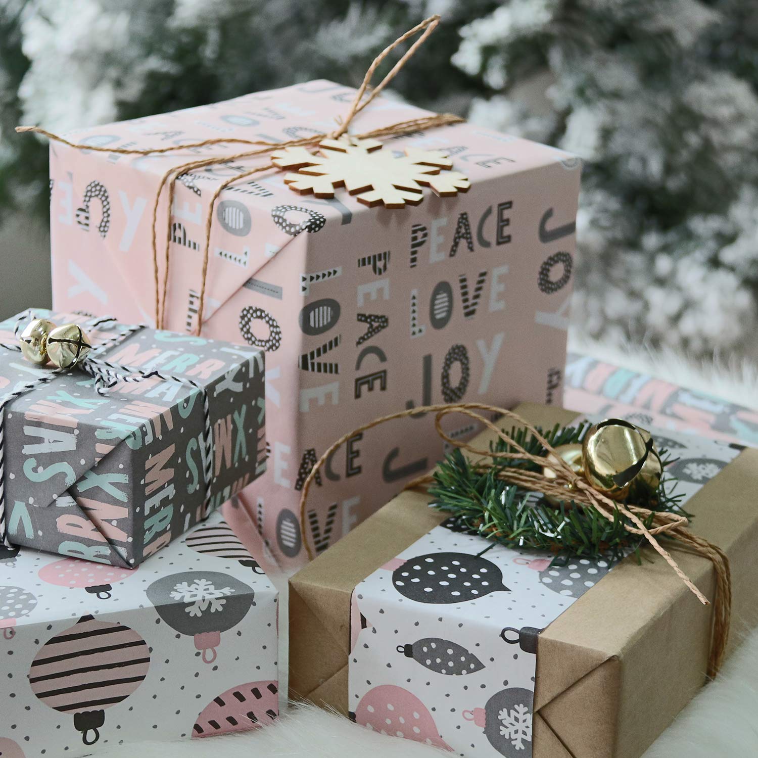 WRAPAHOLIC Christmas Kraft Wrapping Paper Roll - Pink and Grey Christmas Set for Holiday, Party Deco - 4 Rolls - 30 Inch X 120 Inch Per Roll