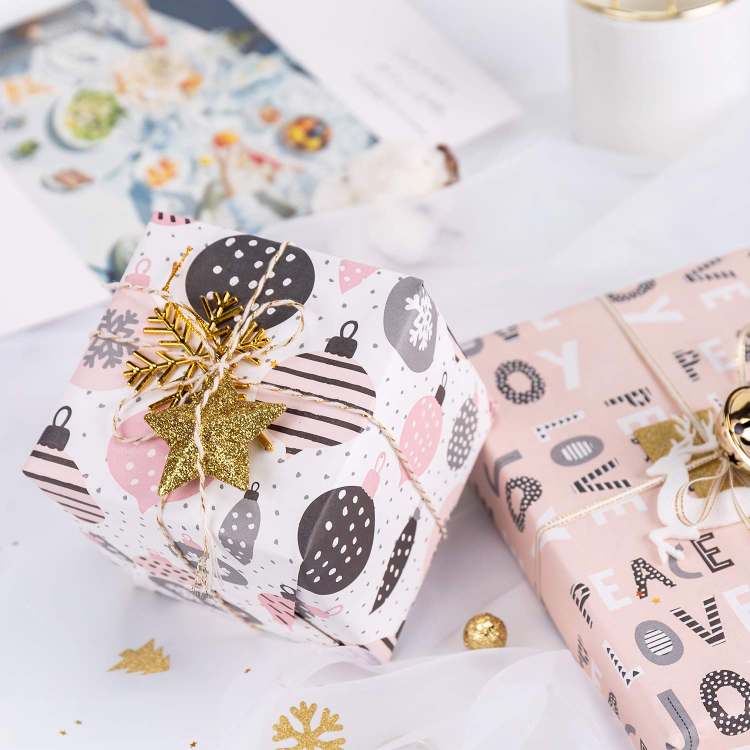 WRAPAHOLIC Christmas Kraft Wrapping Paper Roll - Pink and Grey Christmas Set for Holiday, Party Deco - 4 Rolls - 30 Inch X 120 Inch Per Roll