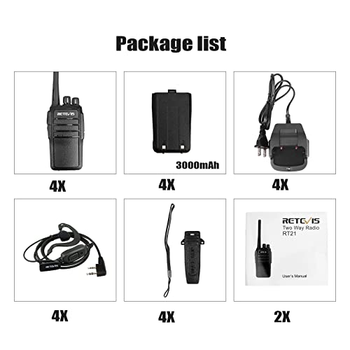 Retevis RT21 Updated 3000mAh Two Way Radios Long Range Rechargeable, Portable Walkie Talkies with Earpiece, 16CH Handheld 2 Way Radios for Cruise Camping Events Adults(4 Pack)