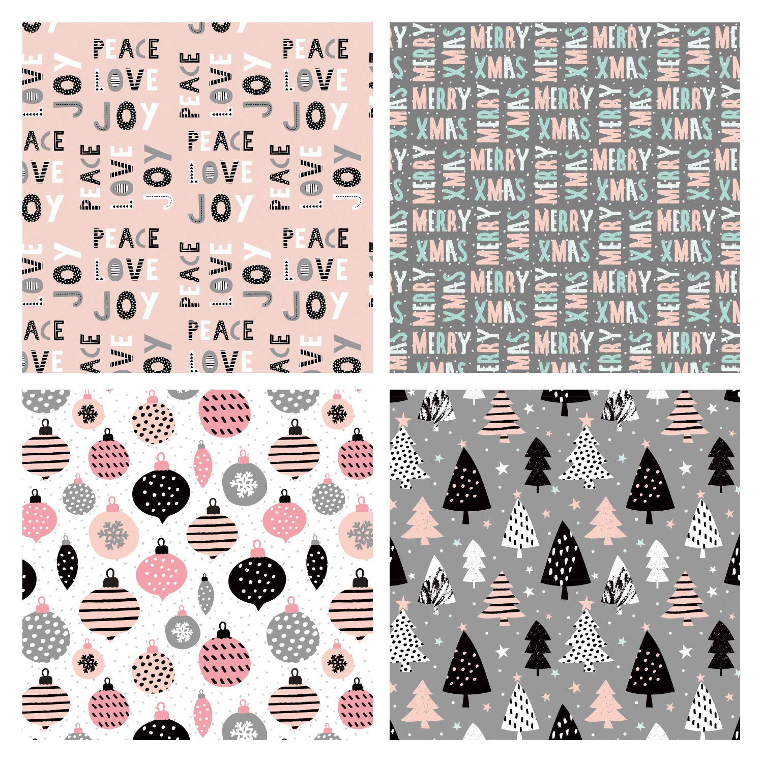 WRAPAHOLIC Christmas Kraft Wrapping Paper Roll - Pink and Grey Christmas Set for Holiday, Party Deco - 4 Rolls - 30 Inch X 120 Inch Per Roll