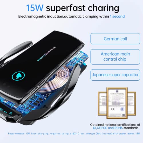 Wireless Car Charger for All Smartphones, 15W QI Fast Charging,Auto-Clamping Car Wireless Charger Air Vent Car Phone Mount (Black)