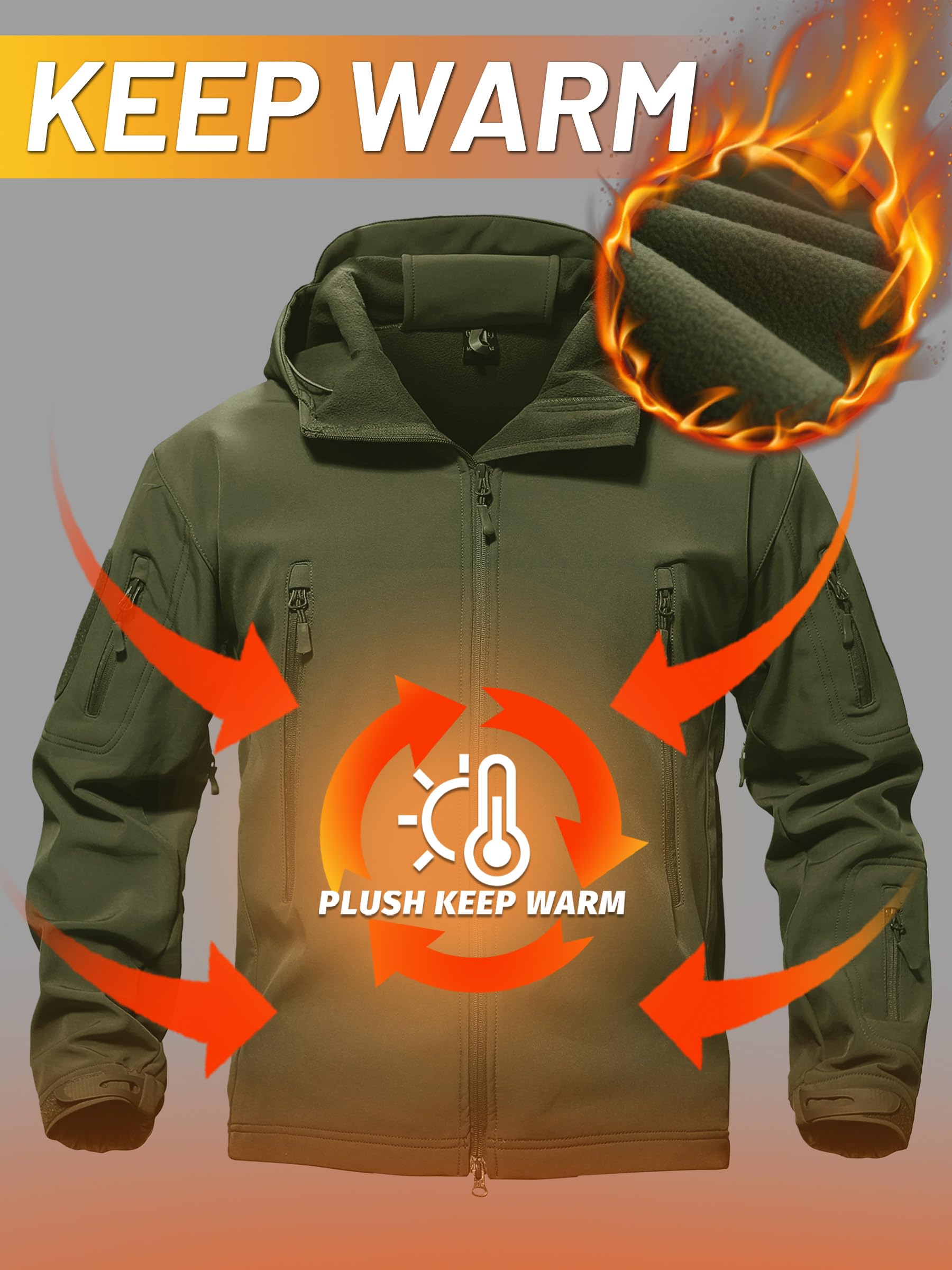 TACVASEN Men Winter Waterproof Snowboard Softshell Parka Jacket Tactical Hoodie Rain Jackets Fleece Lined Mutil-pockets Ski Coats Army Green M