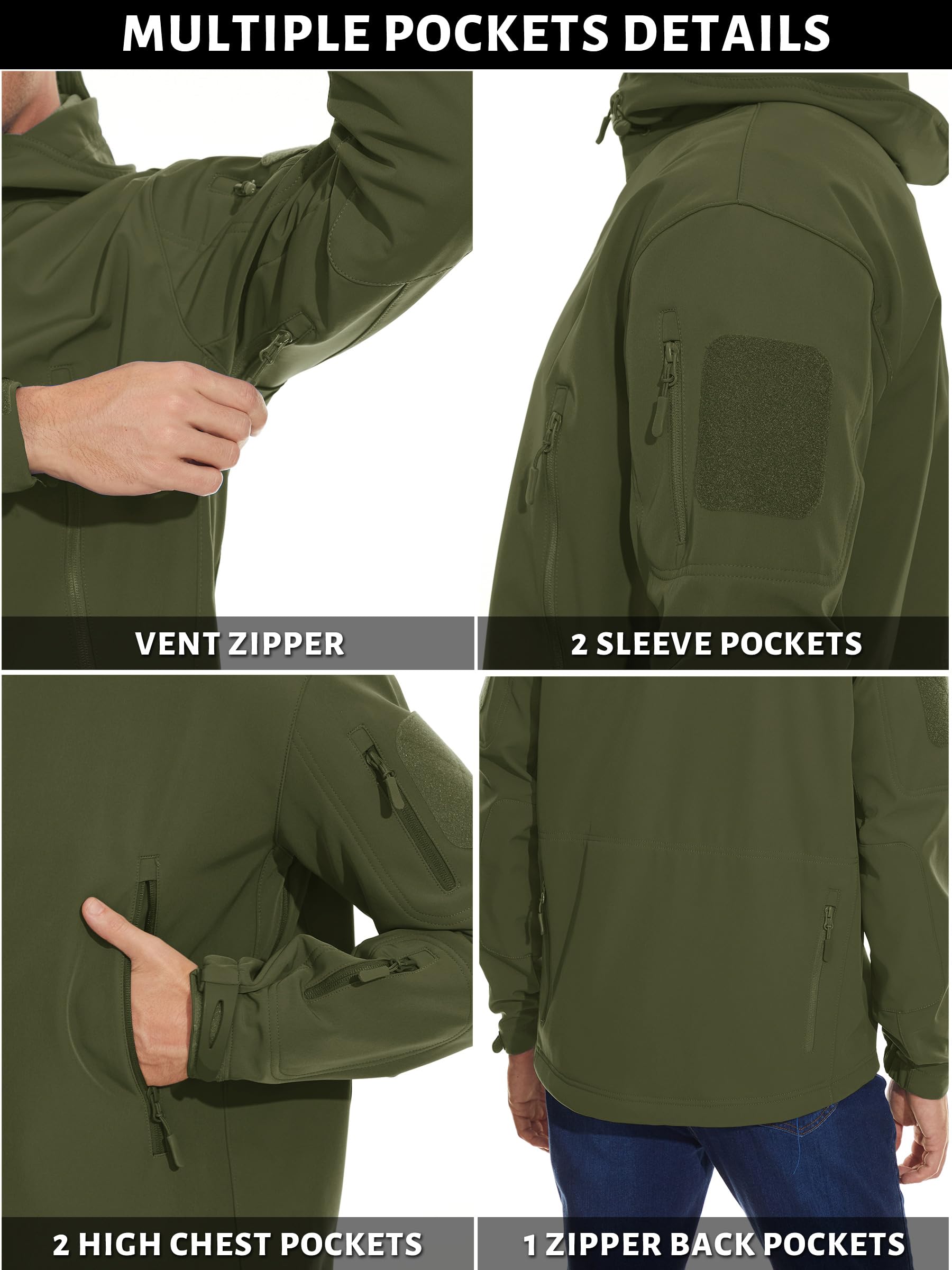 TACVASEN Men Winter Waterproof Snowboard Softshell Parka Jacket Tactical Hoodie Rain Jackets Fleece Lined Mutil-pockets Ski Coats Army Green M