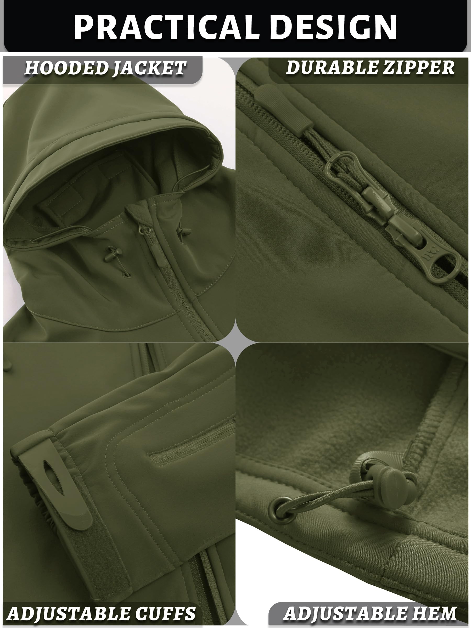 TACVASEN Men Winter Waterproof Snowboard Softshell Parka Jacket Tactical Hoodie Rain Jackets Fleece Lined Mutil-pockets Ski Coats Army Green M