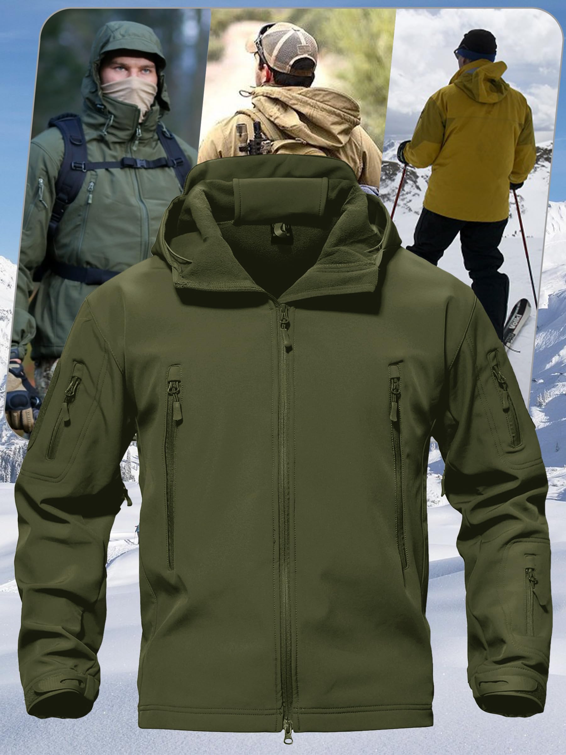 TACVASEN Men Winter Waterproof Snowboard Softshell Parka Jacket Tactical Hoodie Rain Jackets Fleece Lined Mutil-pockets Ski Coats Army Green M