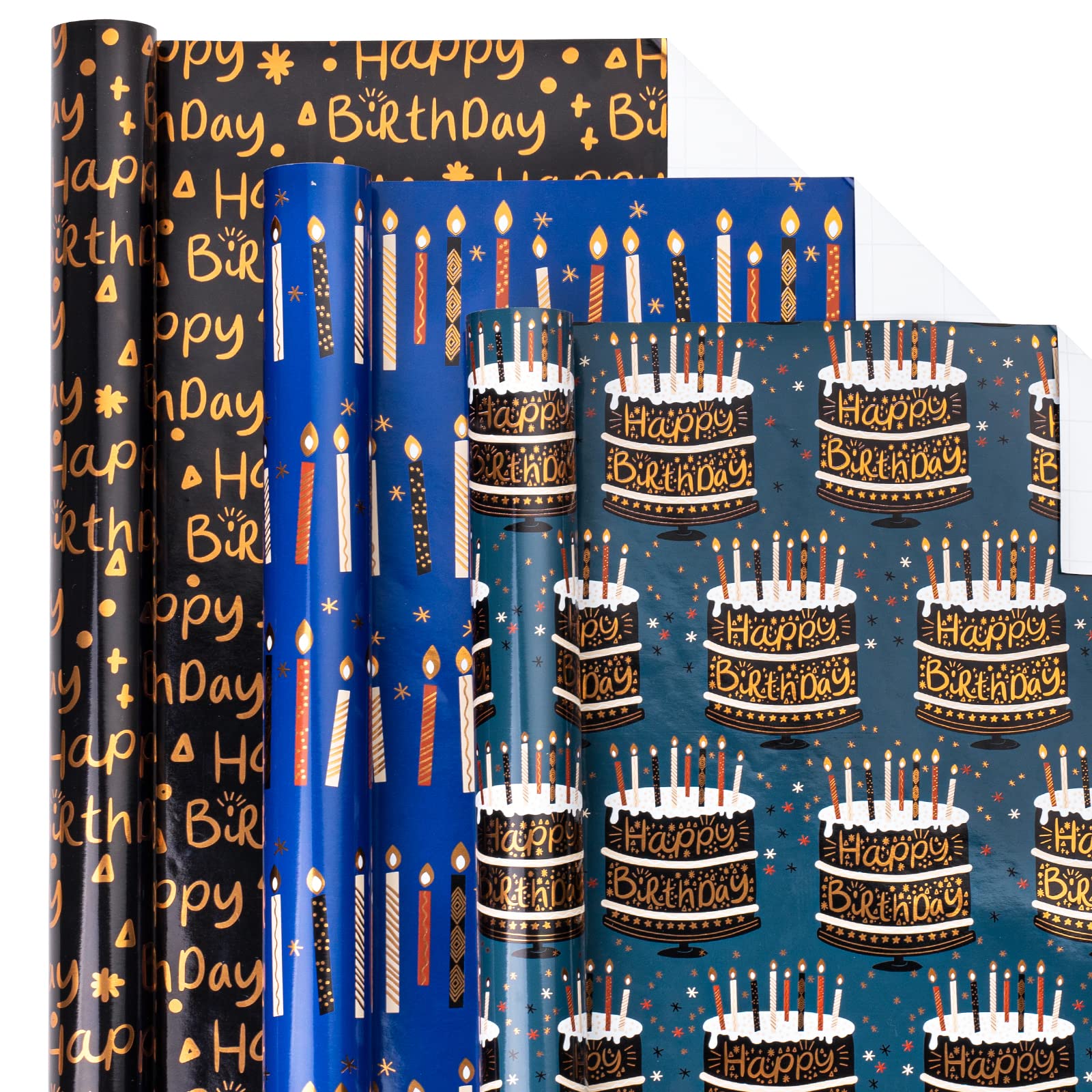 LeZakaa Birthday Wrapping Paper Roll - Mini Roll - Cake/Happy Birthday Lettering/Candle for Girl, Boy, Kids, Adult, Friends - 17 x 120 inches, 3 Rolls (42.5 sq.ft.ttl.)