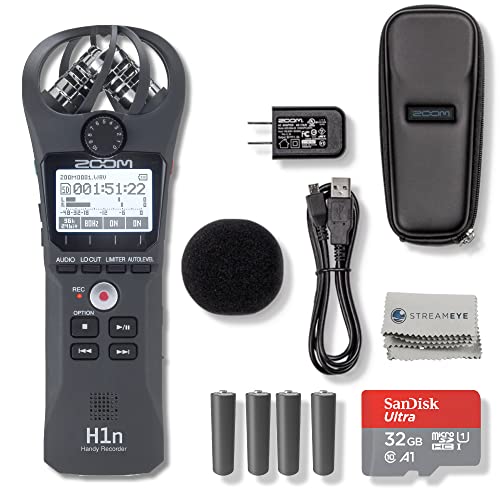 Zoom H1n Audio Recorder Value Bundle with 4x AAA Batteries, SanDisk 32GB microSD Card, Recorder Case, Zoom Accessories and StreamEye Polishing Cloth