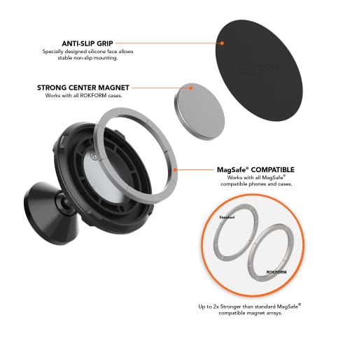 Rokform - Adjustable Dual Magnet Car Mount, 360° Swivel with 3M VHB Tape, Compatible with MagSafe Phones and Cases Cases, Cell Phone Holder, Dashboard Phone Mount for Truck Car & Van