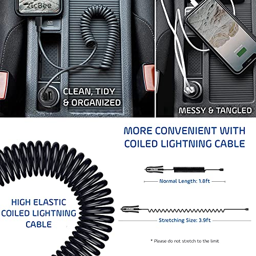 Car Charger for iPhone [Apple MFI Certified] 4.8A/24W 12-24V Cigarette Lighter Plug in Adapter Built-in 3.9ft Lightning Coiled Cable for iPhone 14 13 12 11 Mini Pro Max Plus SE XR XS X 8 7 6 5, iPad