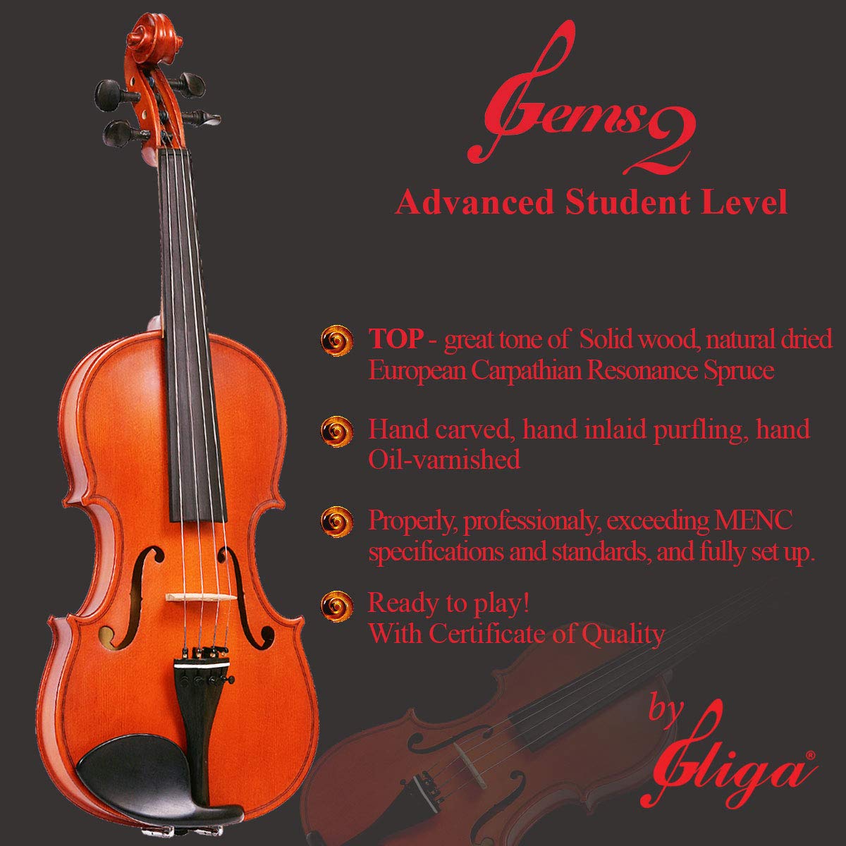 4/4 Full size Student 'GEMS 2' Model, a Gliga Violin Handmade in Romania, Advanced Student Level, Hand Varnished, Hand Inlaid Purfling, Hand Carved Solid European Wood, Fully Set Up