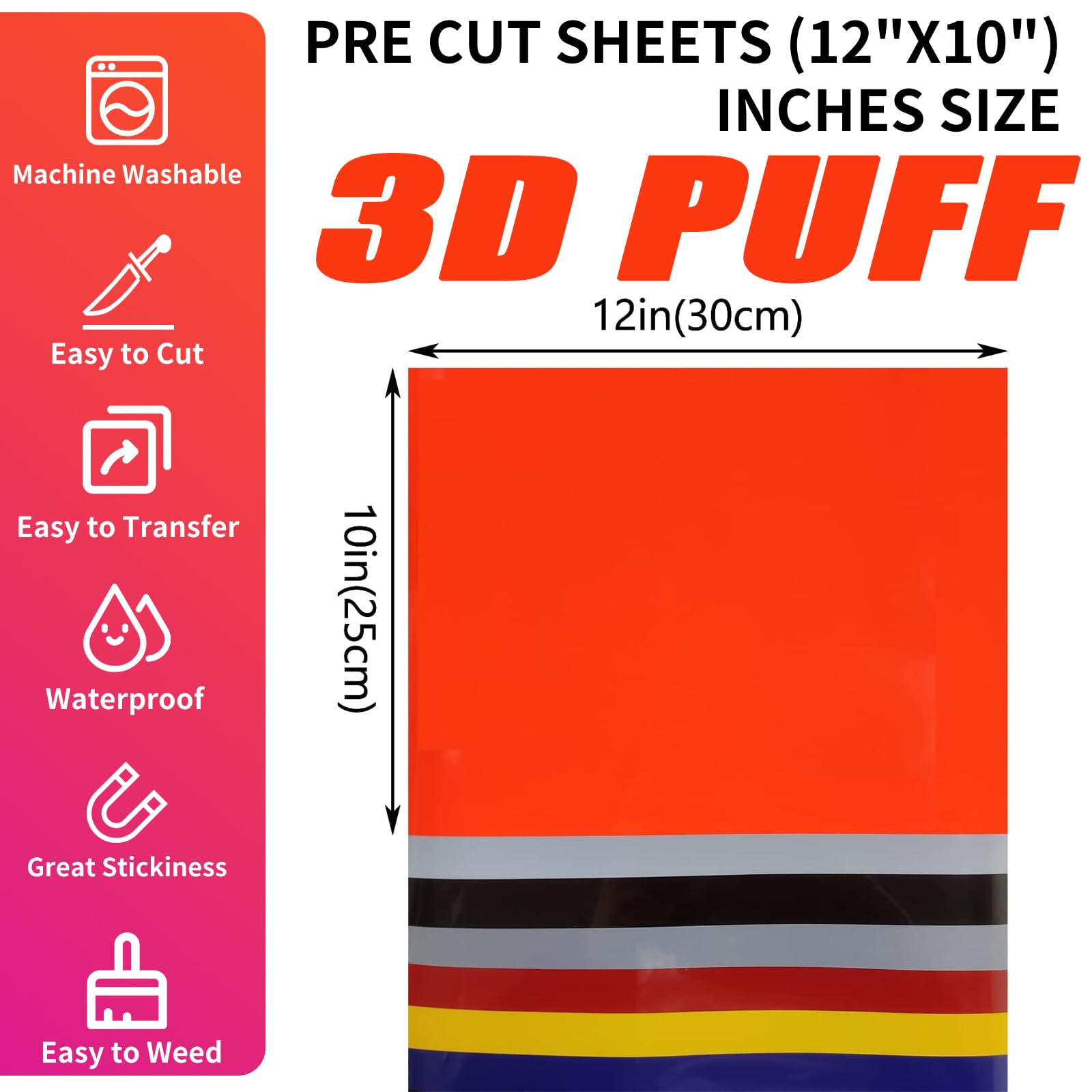 3D Puff Heat Transfer Vinyl Sheets 12"x 10" Foaming HTV Press Film Puffy Vinyl Iron on Vinyl for DIY T-Shirt Clothes Bag Pillow Textile Fabric (Assorted Color)