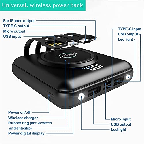 Wireless Portable Charger Power Bank 10000mAh Portable Phone Charger,iPhone Charger with Built in 4 Cable, USB-C-Wireless Charging External Battery Pack Backup Compatible with iPhone, Samsung, iPad 1