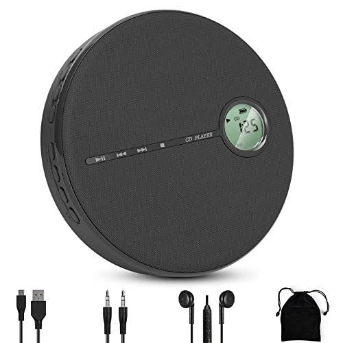 Rechargeable Portable CD Player with Bluetooth,ZUNKOM Compact Anti-Skip Walkman CD Player with Headphones &Dual Stereo Speakers for Home/Travel,Support CD MP3 USB AUX Input,2000mAh (Black)