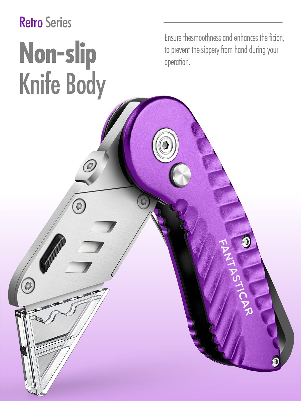 FantastiCAR Folding Utility Knife, Sturdy Metal Box Cutter with Extra 5 Blades, Quick Blade Change, and Preminium Gift Packaging, for Cardboard Opener, Paper Cutter (Retro Purple)