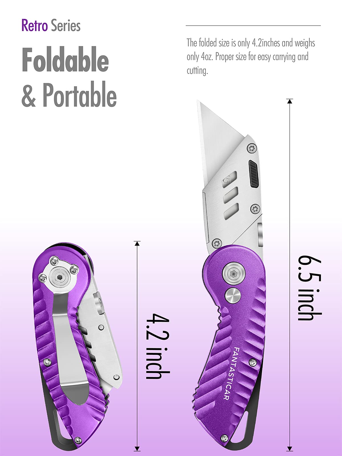 FantastiCAR Folding Utility Knife, Sturdy Metal Box Cutter with Extra 5 Blades, Quick Blade Change, and Preminium Gift Packaging, for Cardboard Opener, Paper Cutter (Retro Purple)