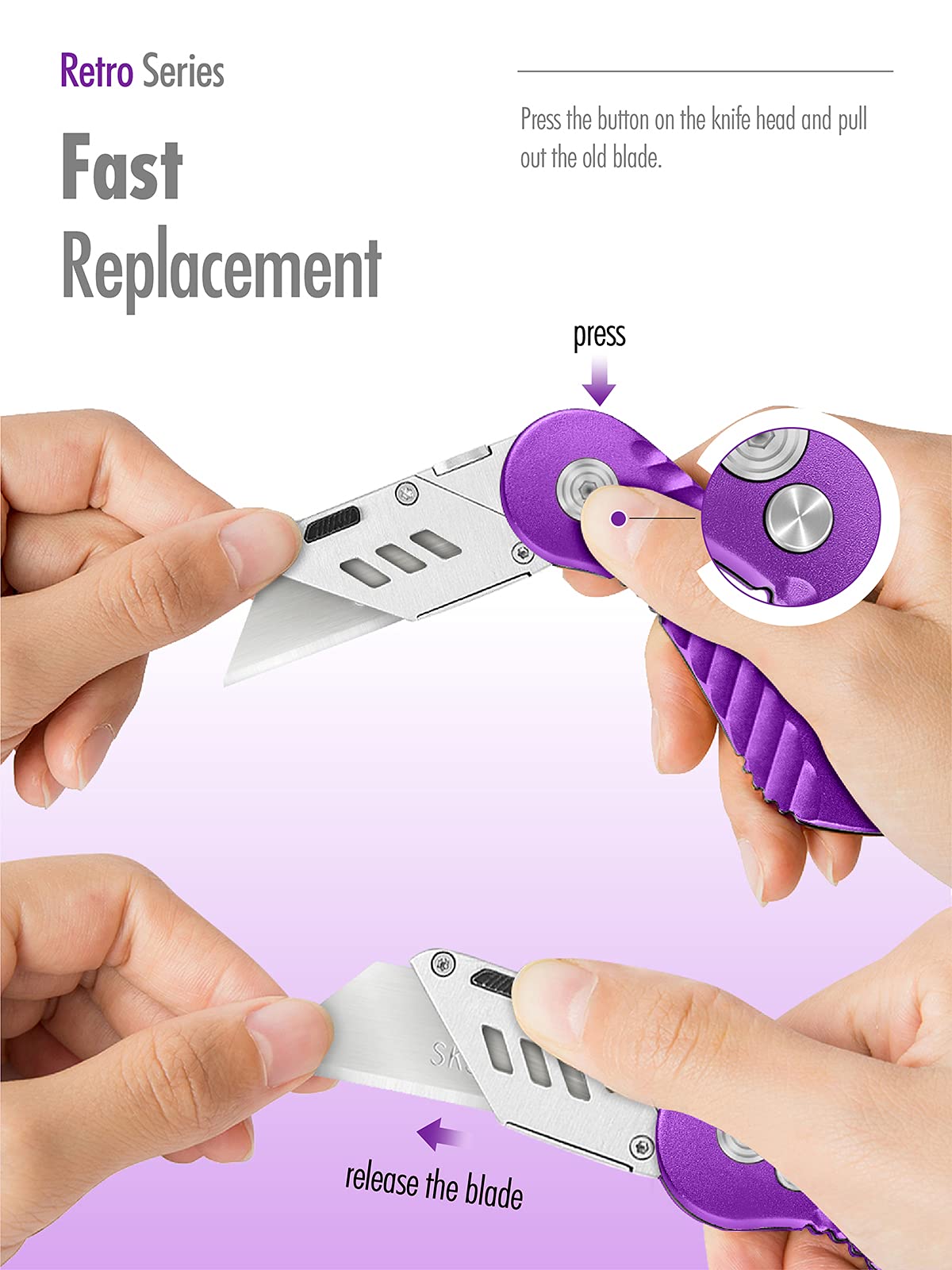 FantastiCAR Folding Utility Knife, Sturdy Metal Box Cutter with Extra 5 Blades, Quick Blade Change, and Preminium Gift Packaging, for Cardboard Opener, Paper Cutter (Retro Purple)