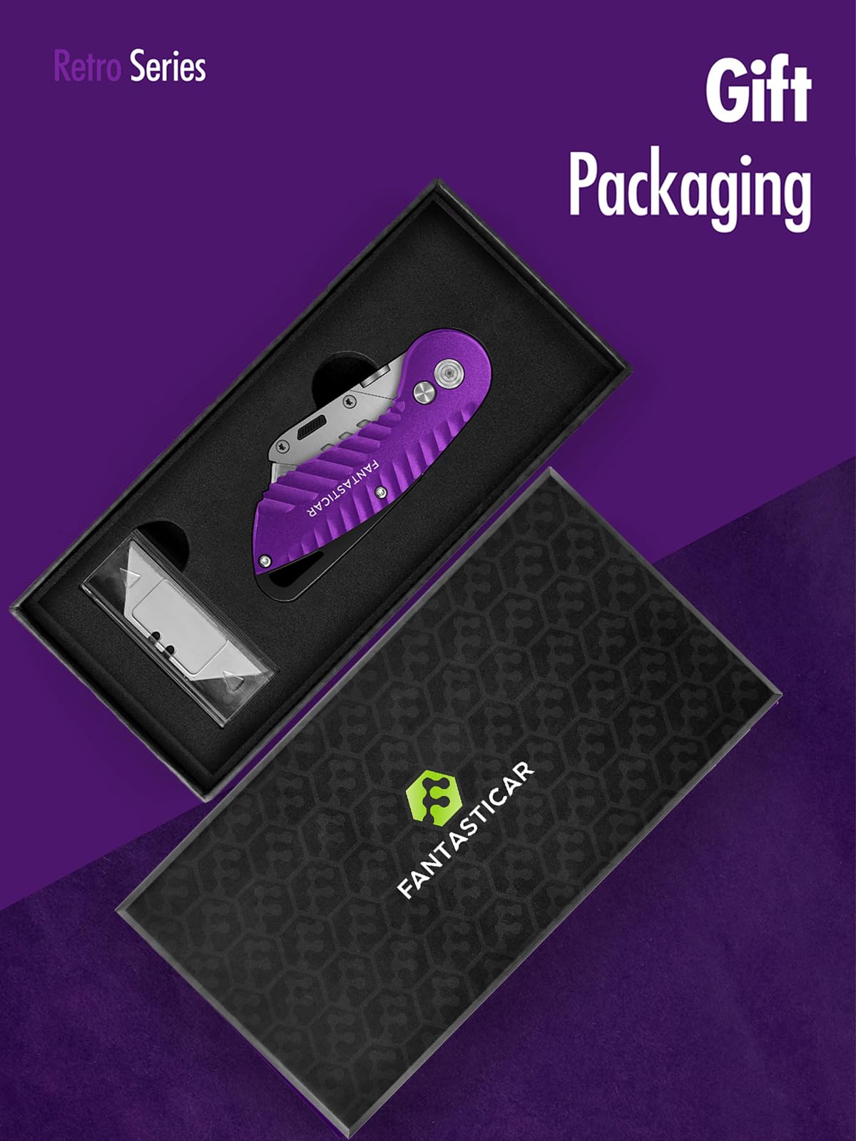 FantastiCAR Folding Utility Knife, Sturdy Metal Box Cutter with Extra 5 Blades, Quick Blade Change, and Preminium Gift Packaging, for Cardboard Opener, Paper Cutter (Retro Purple)