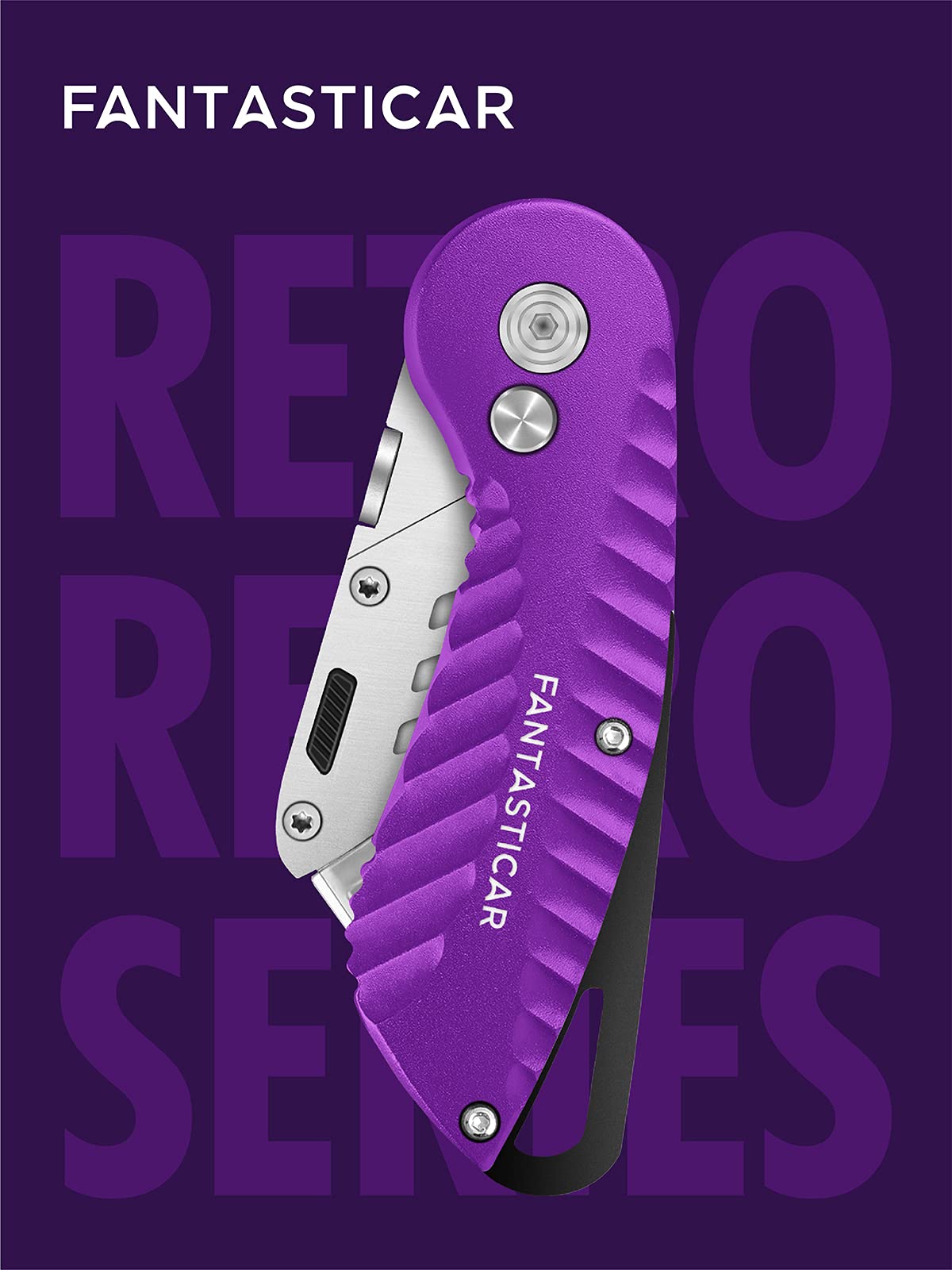 FantastiCAR Folding Utility Knife, Sturdy Metal Box Cutter with Extra 5 Blades, Quick Blade Change, and Preminium Gift Packaging, for Cardboard Opener, Paper Cutter (Retro Purple)