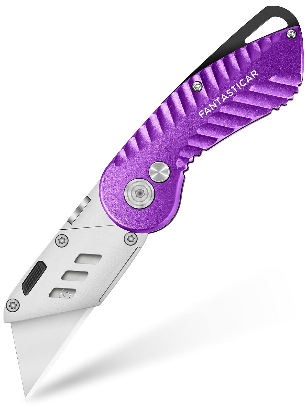 FantastiCAR Folding Utility Knife, Sturdy Metal Box Cutter with Extra 5 Blades, Quick Blade Change, and Preminium Gift Packaging, for Cardboard Opener, Paper Cutter (Retro Purple)