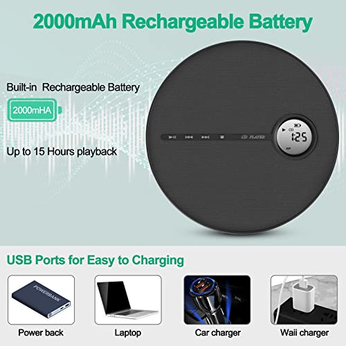 Rechargeable Portable CD Player with Bluetooth,ZUNKOM Compact Anti-Skip Walkman CD Player with Headphones &Dual Stereo Speakers for Home/Travel,Support CD MP3 USB AUX Input,2000mAh (Black)