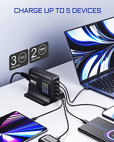 200W USB C Charger, Aergiatech Desktop 5-Port PD 100W Type C 65W PPS GaN Charger Fast Charging Station with LCD Display, Laptop Power Adapter for MacBook Pro/Air iPhone 14 Pro Max, Samsung Galaxy