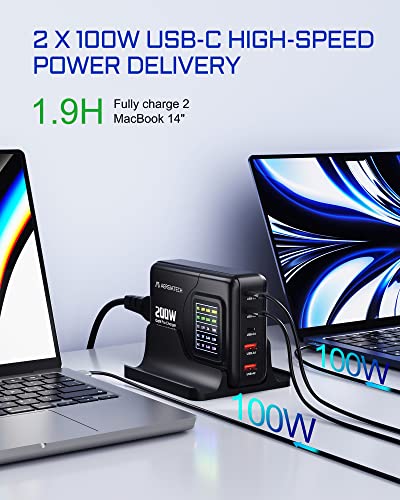 200W USB C Charger, Aergiatech Desktop 5-Port PD 100W Type C 65W PPS GaN Charger Fast Charging Station with LCD Display, Laptop Power Adapter for MacBook Pro/Air iPhone 14 Pro Max, Samsung Galaxy