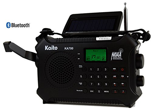 Kaito KA700 Bluetooth Emergency Hand Crank Dynamo & Solar Powered AM FM Weather NOAA Band Radio with Recorder and MP3 Player - Rugged Design for Hiking, Camping, Construction Sites, Etc. (Black)