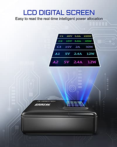200W USB C Charger, Aergiatech Desktop 5-Port PD 100W Type C 65W PPS GaN Charger Fast Charging Station with LCD Display, Laptop Power Adapter for MacBook Pro/Air iPhone 14 Pro Max, Samsung Galaxy