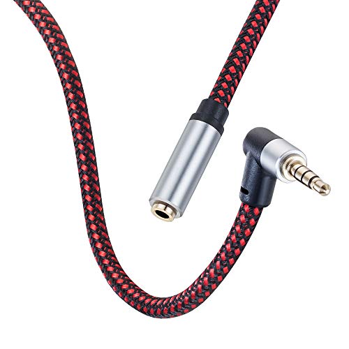 Audio Mic Extension Cable 3Ft,90 Degree TRRS 3.5mm Aux Headphone Extender 4-Pole Jack Plug Extension Lead Stereo Male to Female Braided Cord for Headset,Laptop,Phone,Switch Lite,Car,PS4 and More (3Ft)