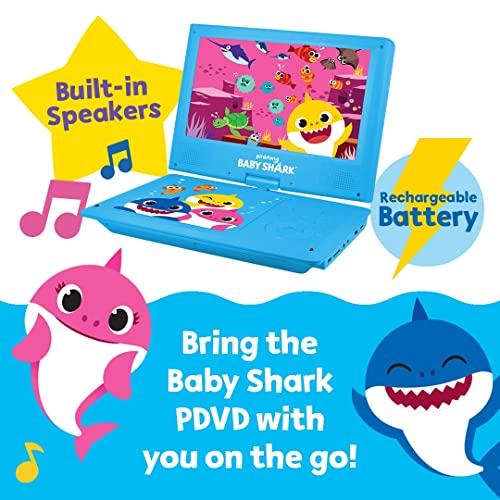 DP AUDIO Pinkfong Baby Shark 9'' Portable DVD Player for Kids with Matching Headphones and Carrying Bag, Compatible with CDs, DVDs, USB and SD Card, Swivel Screen